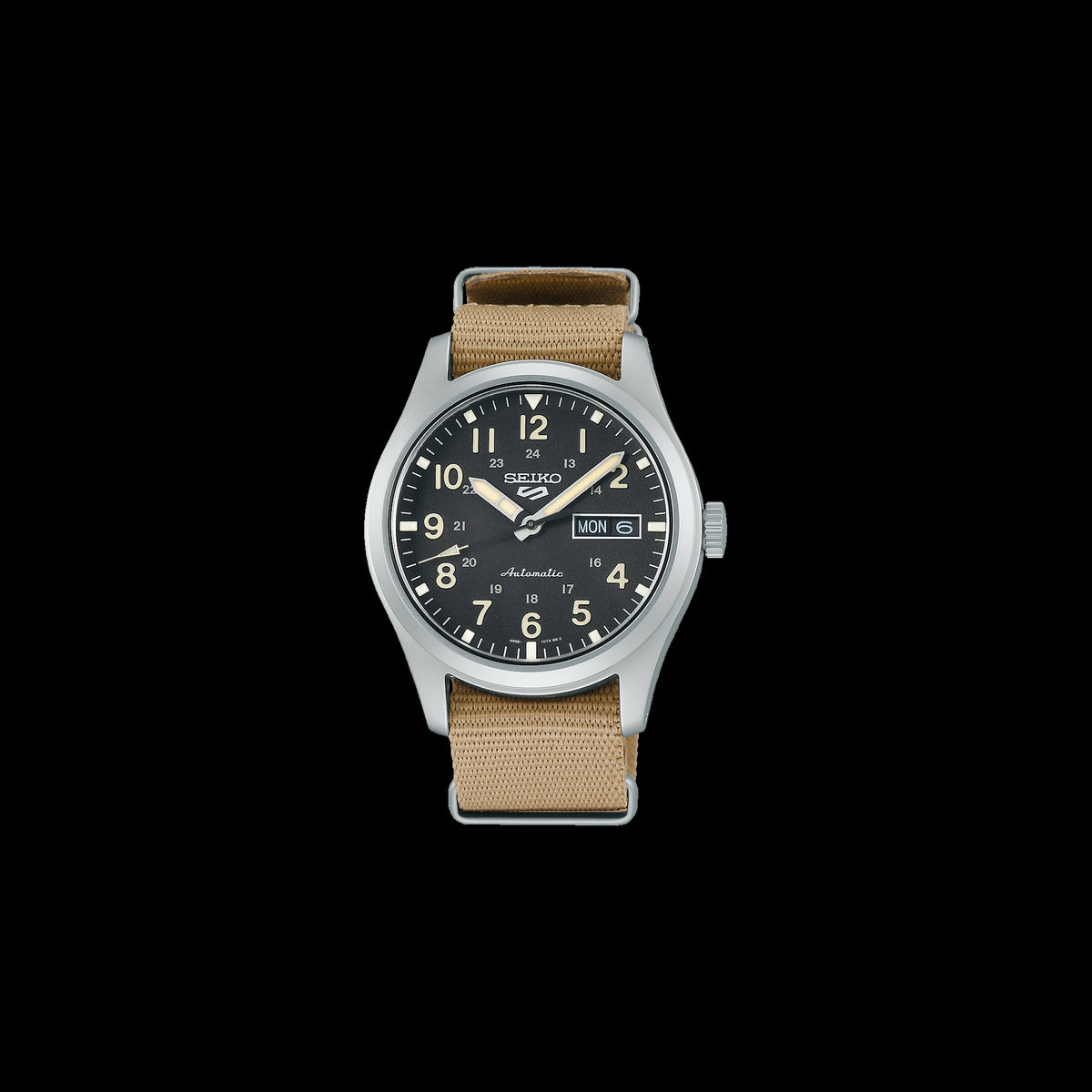Seiko 5 100M Field Sports Style Black Dial Automatic Nato Strap Watch ...