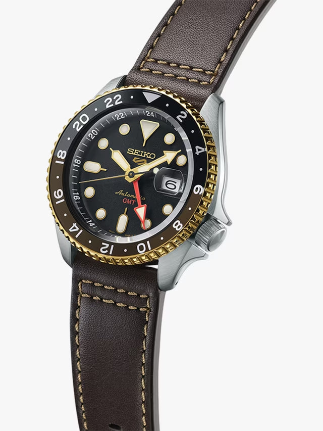 Seiko 5 100M GMT Style Black Dial Rootbeer Automatic Watch Leather ...
