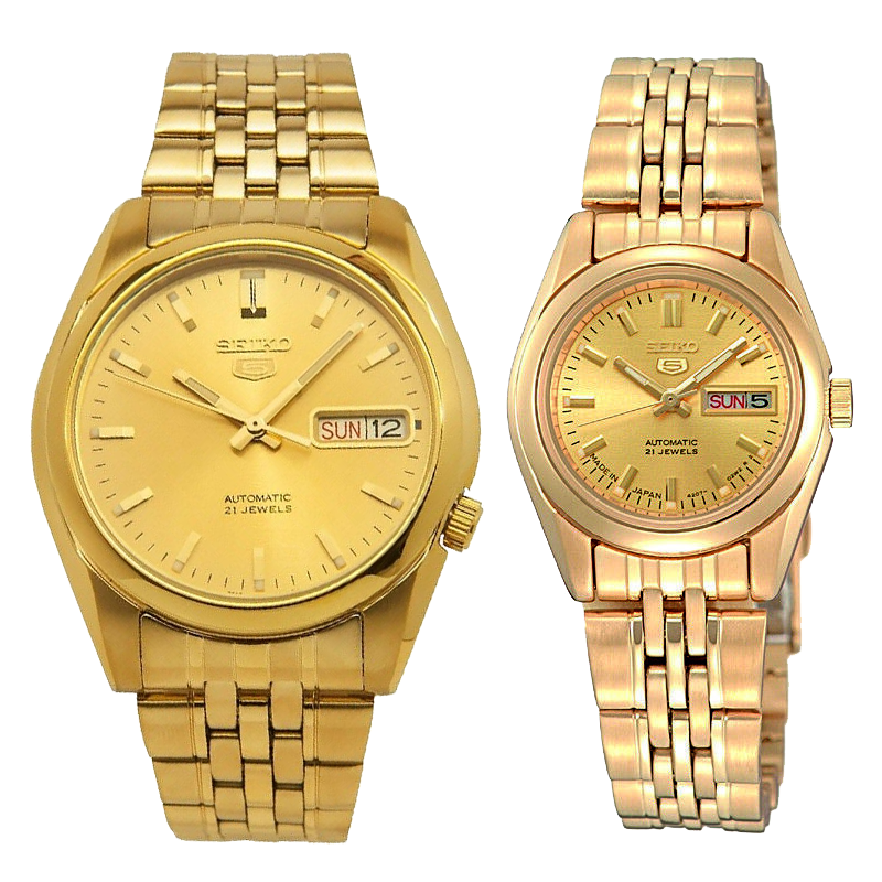 Seiko 5 Classic Gold Dial Couple's Gold Plated Stainless Steel Watch ...