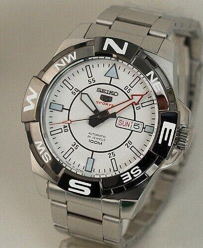 Seiko 5 Sports Japan Made 100M Compass Bezel Men's Watch White Dial ...